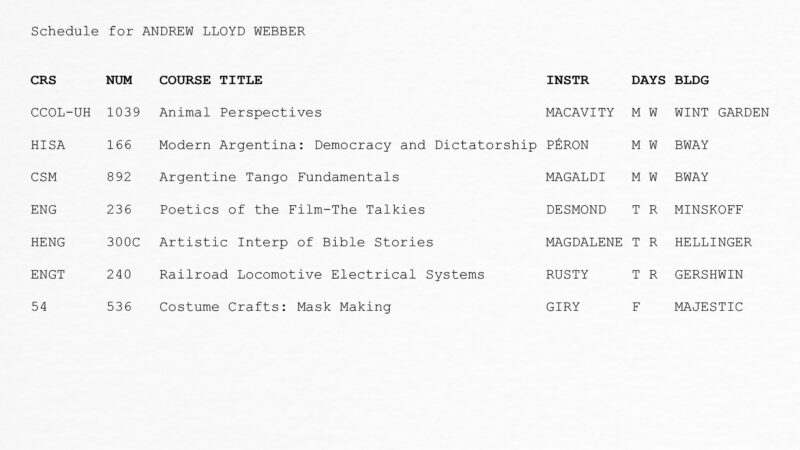 Master Classes: (Fake) College Schedules for Your Favorite Musical ...