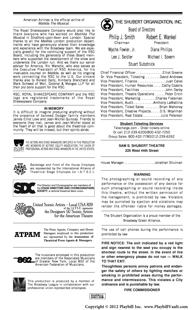 Matilda The Musical (Broadway, Sam S. Shubert Theatre, 2013) | Playbill