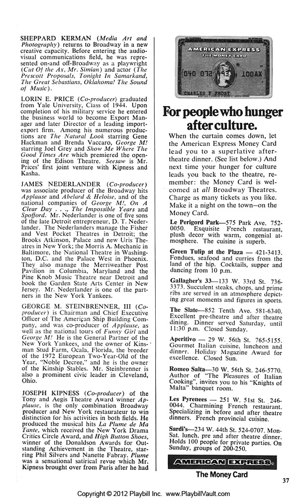 Seesaw (Broadway, Gershwin Theatre, 1973) | Playbill