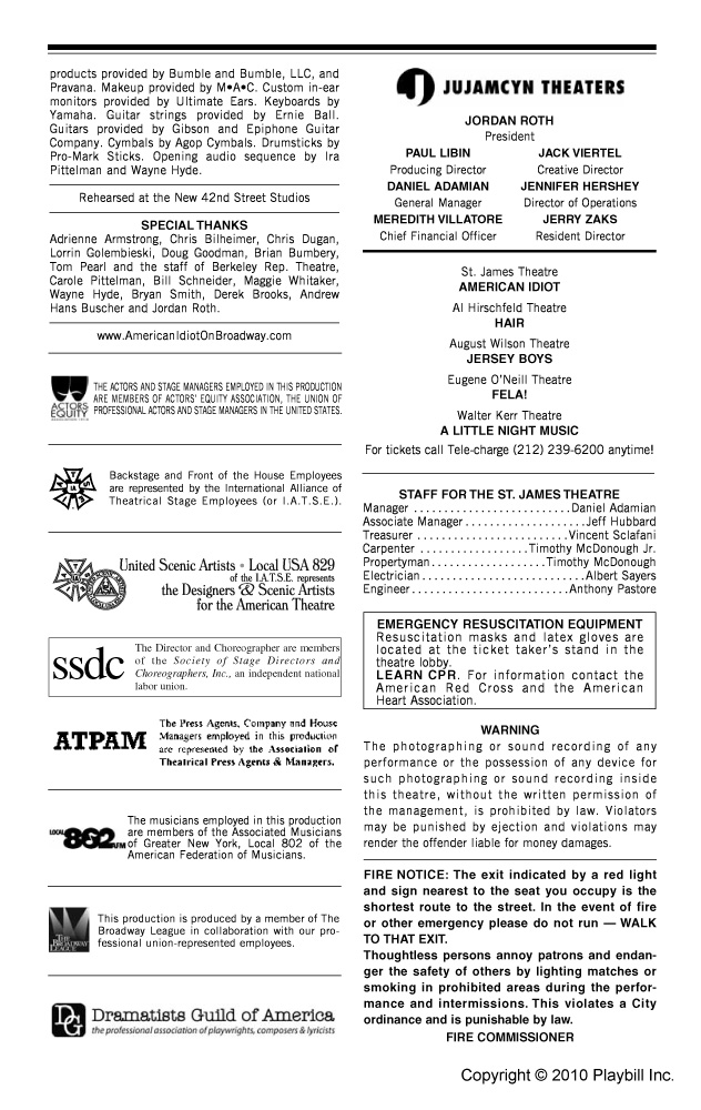 American Idiot (Broadway, St. James Theatre, 2010) | Playbill