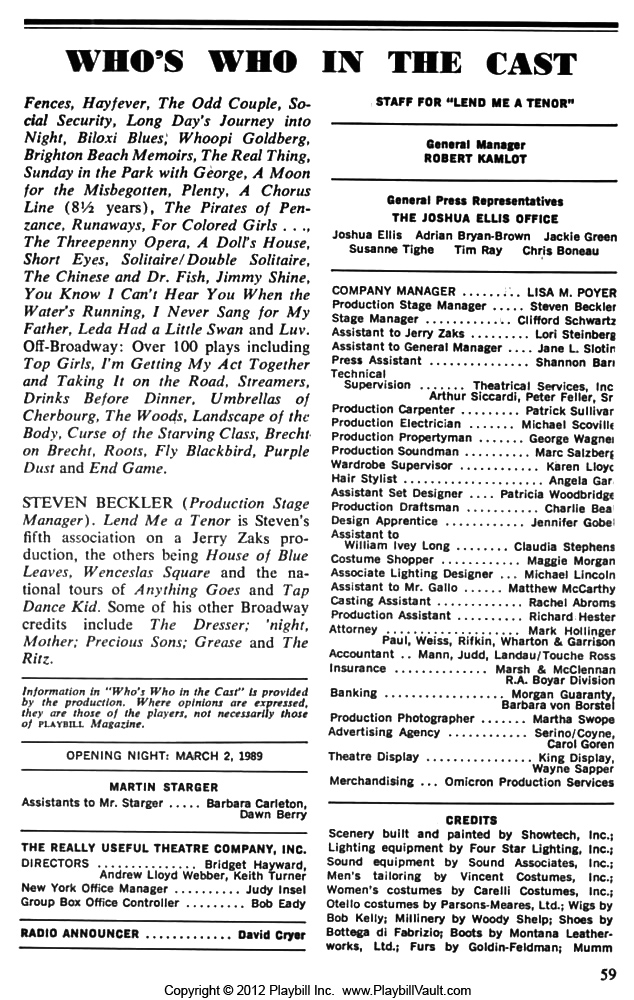 Lend Me A Tenor Broadway Bernard B Jacobs Theatre 1989 Playbill