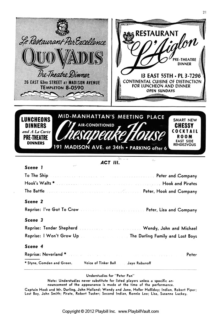 Peter Pan Broadway Winter Garden Theatre 1954 Playbill Peter Pan Broadway Winter Garden Theatre 1954 Playbill