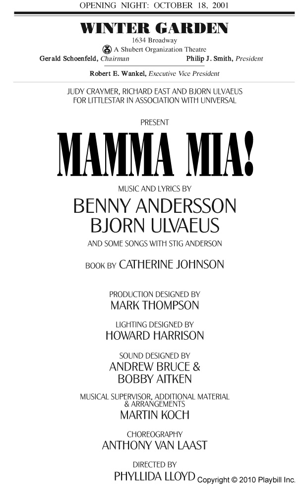 Mamma Mia! (Broadway, Broadhurst Theatre, 2001) | Playbill