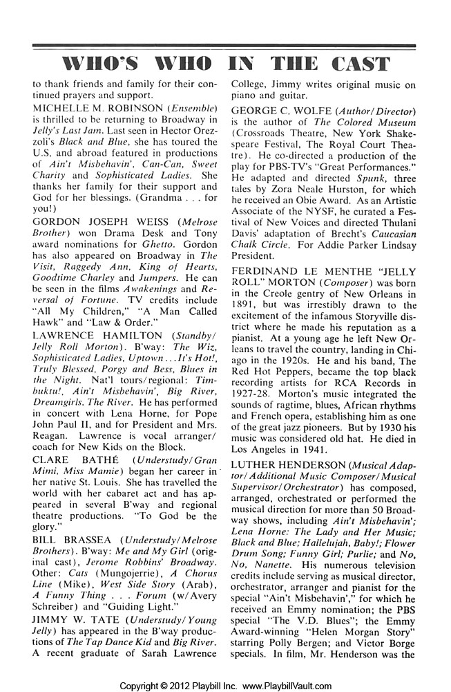 Jelly's Last Jam (Broadway, August Wilson Theatre, 1992) | Playbill