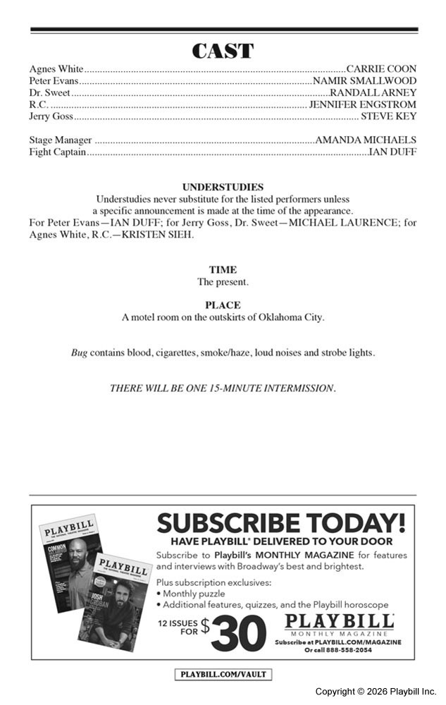 Bug (Broadway, Samuel J. Friedman Theatre, 2026) | Playbill