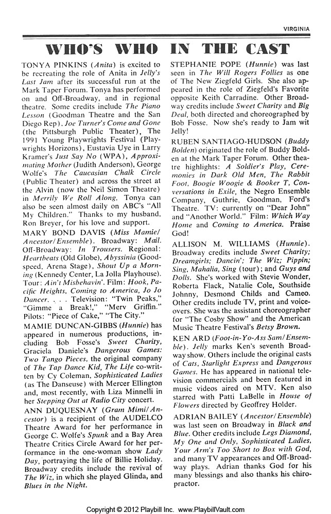 Jelly's Last Jam (Broadway, August Wilson Theatre, 1992) | Playbill