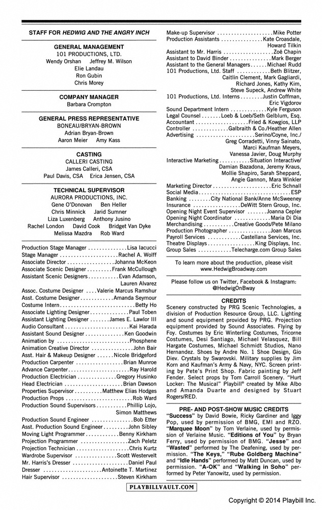 Hedwig and the Angry Inch (Broadway, Belasco Theatre, 2014) | Playbill