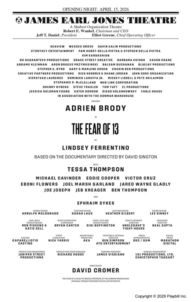 The Fear of 13 (Broadway, James Earl Jones Theatre, 2026) | Playbill